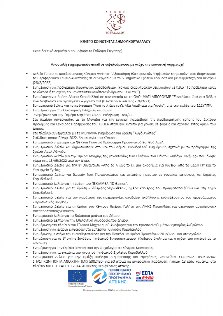 Ετήσια Έκθεση Πεπραγμένων Κέντρου Κοινότητας Δήμου Κορυδαλλού ...